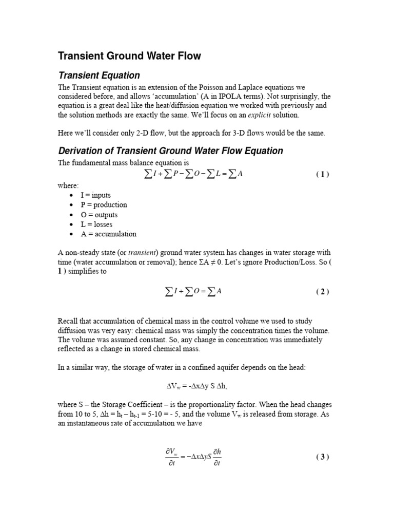 Transient Ground Water Flow Pdf Groundwater Equations