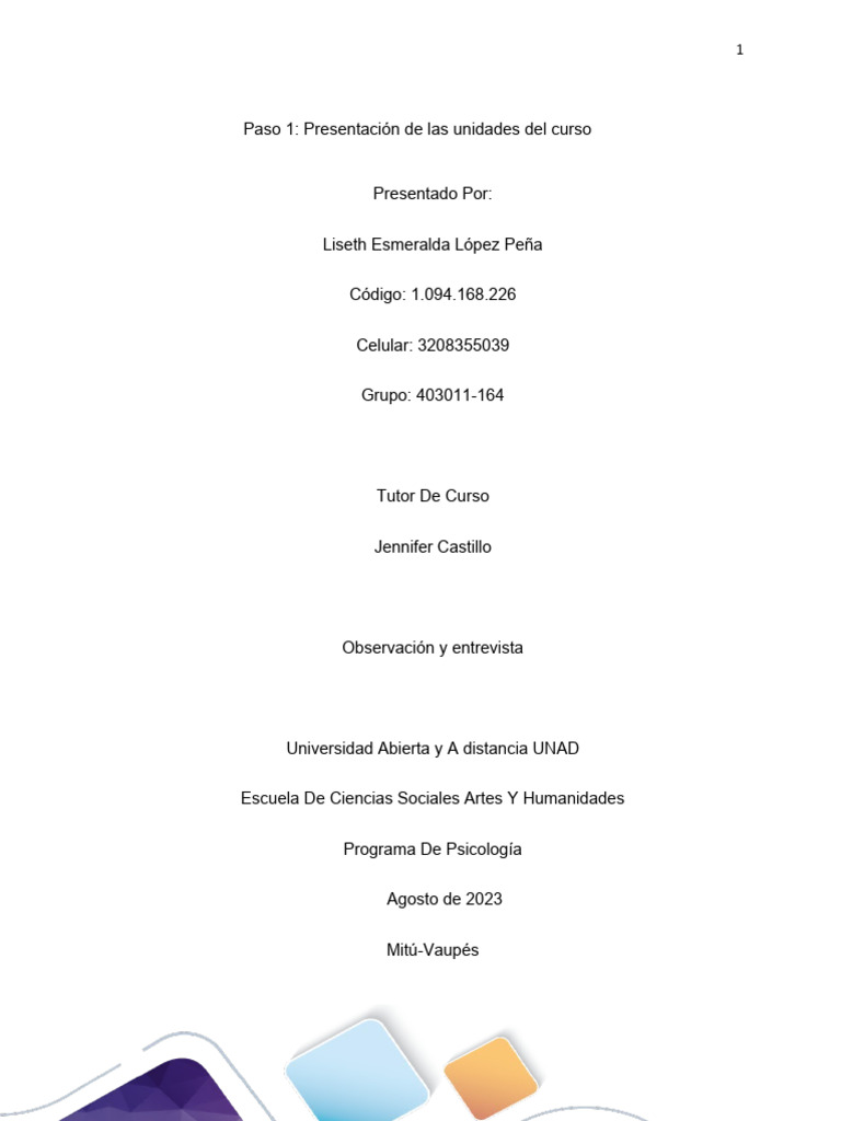 Paso 1 Presentacion de Las Unidades Del Curso, Liseth Lopez Peña, Grupo 403011-164 | PDF ...