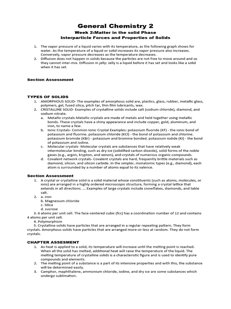 General Chemistry 2 Q3 Week 2 | PDF | Crystal | Solid