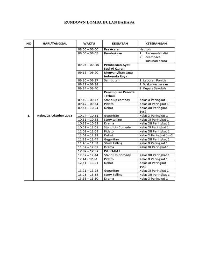 Rundown Lomba Bulan Bahasa 2023 | PDF