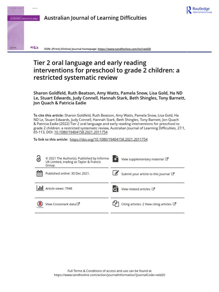 Tier 2 Oral Language and Early Reading Interventions For Preschool To ...