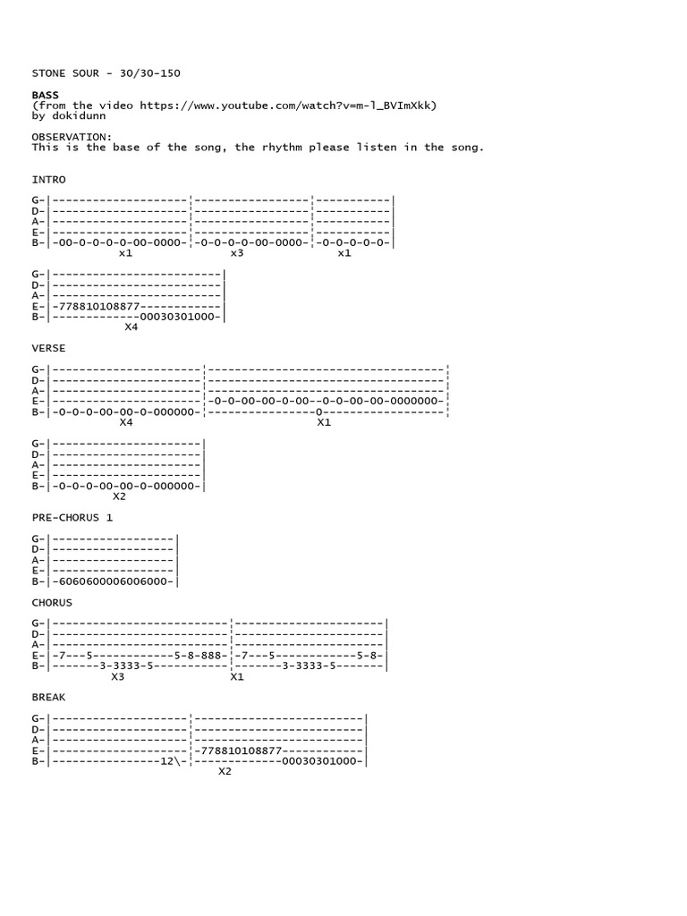 Stone Sour Bass Tab: 30/30-150 | PDF | Song Structure | Songs