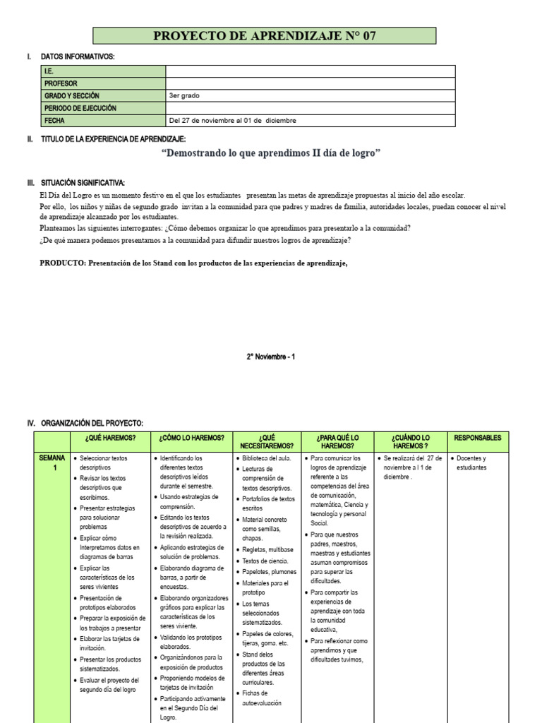 2° Grado - Proyecto de Aprendizaje N°07 | PDF | Aprendizaje | Experiencia