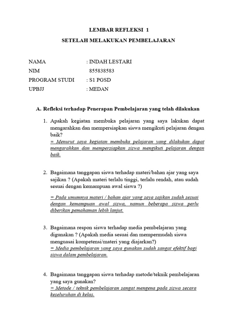 Refleksi Pembelajaran Indah Lestari S1 PGSD | PDF | Sains & Matematika