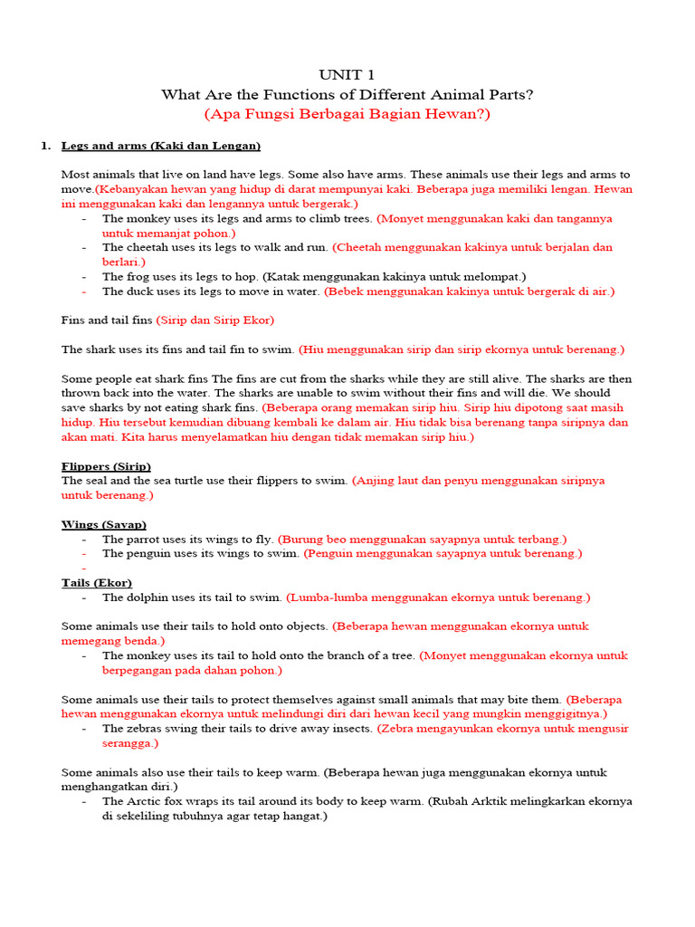 Science Unit 1 Animal Parts and Their Functions | PDF | Sains & Matematika