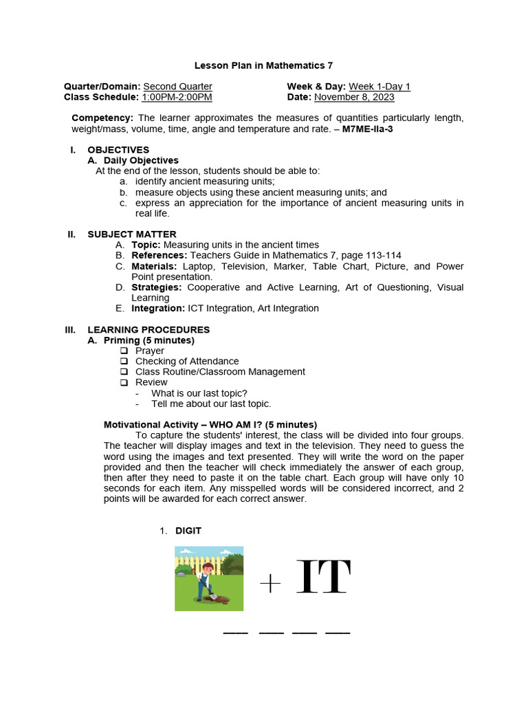 Demo - Lesson Plan - Math 7 - Final | PDF | Lesson Plan | Learning