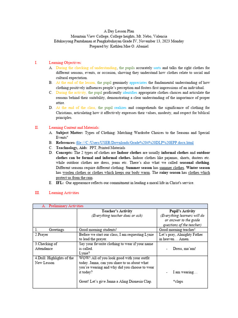 Abaniel, K Lesson Plan Epp 4 | PDF | Clothing | Fashion