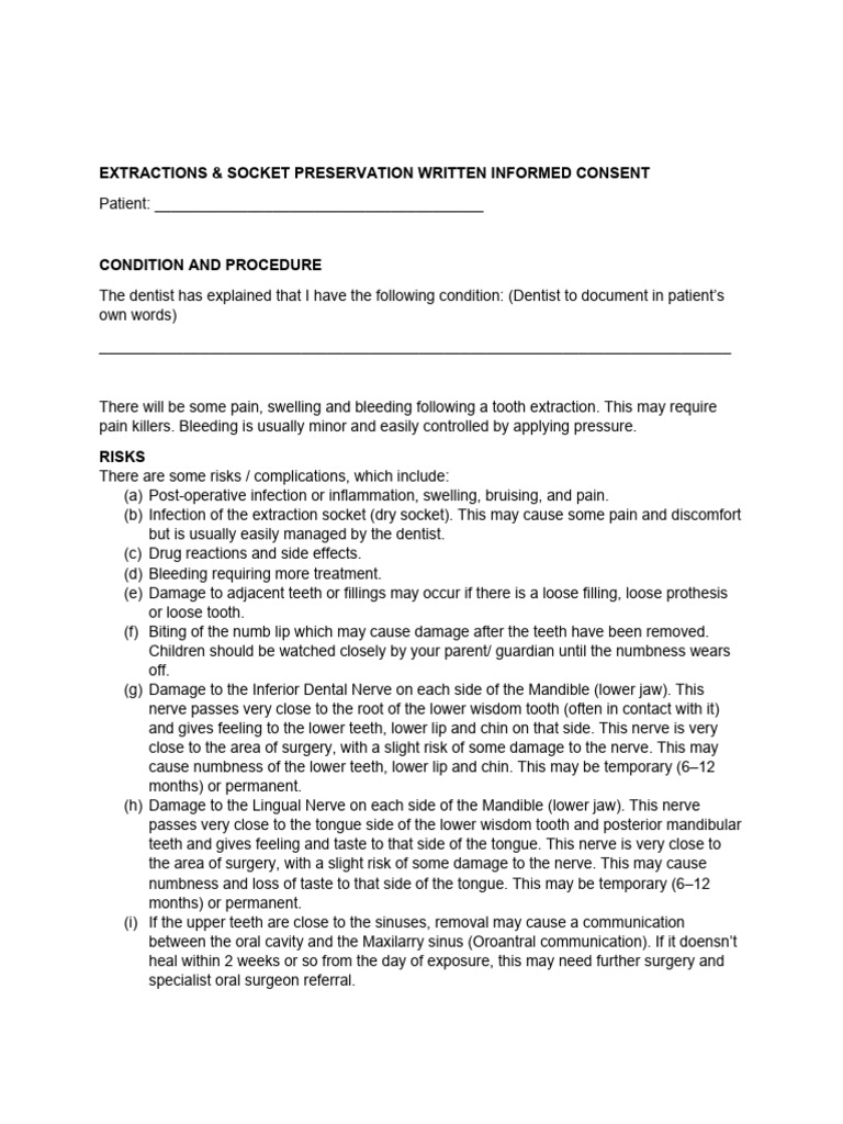 Tooth Extraction Mos Consent Form 1 Pdf Medical Specialties Dentistry