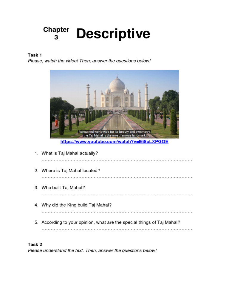 Descriptive Tasks on Taj Mahal & Kuta | PDF | Grammar | Linguistics