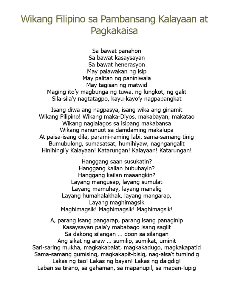 Wikang Filipino Sa Pambansang Kalayaan at Pagkakaisa | PDF