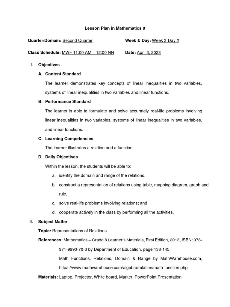 4a's Lesson Plan - Representations of Relations | PDF | Function (Mathematics) | Mathematics