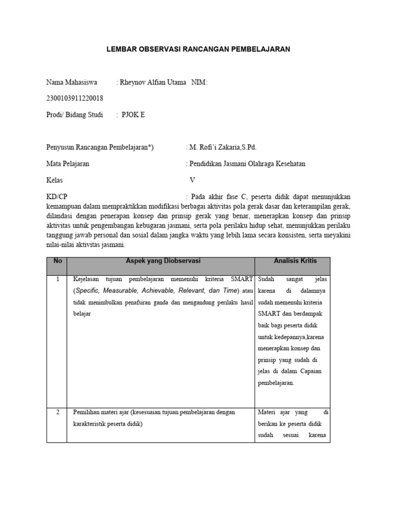 Lembar Observasi Rancangan Pembelajaran | PDF | Karier & Perkembangan
