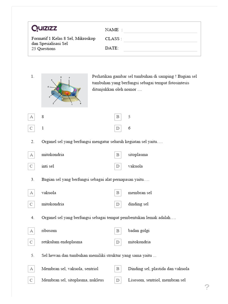 Formatif 1 Kelas 8 Sel, Mikroskop Dan Spesialisasi Sel | PDF