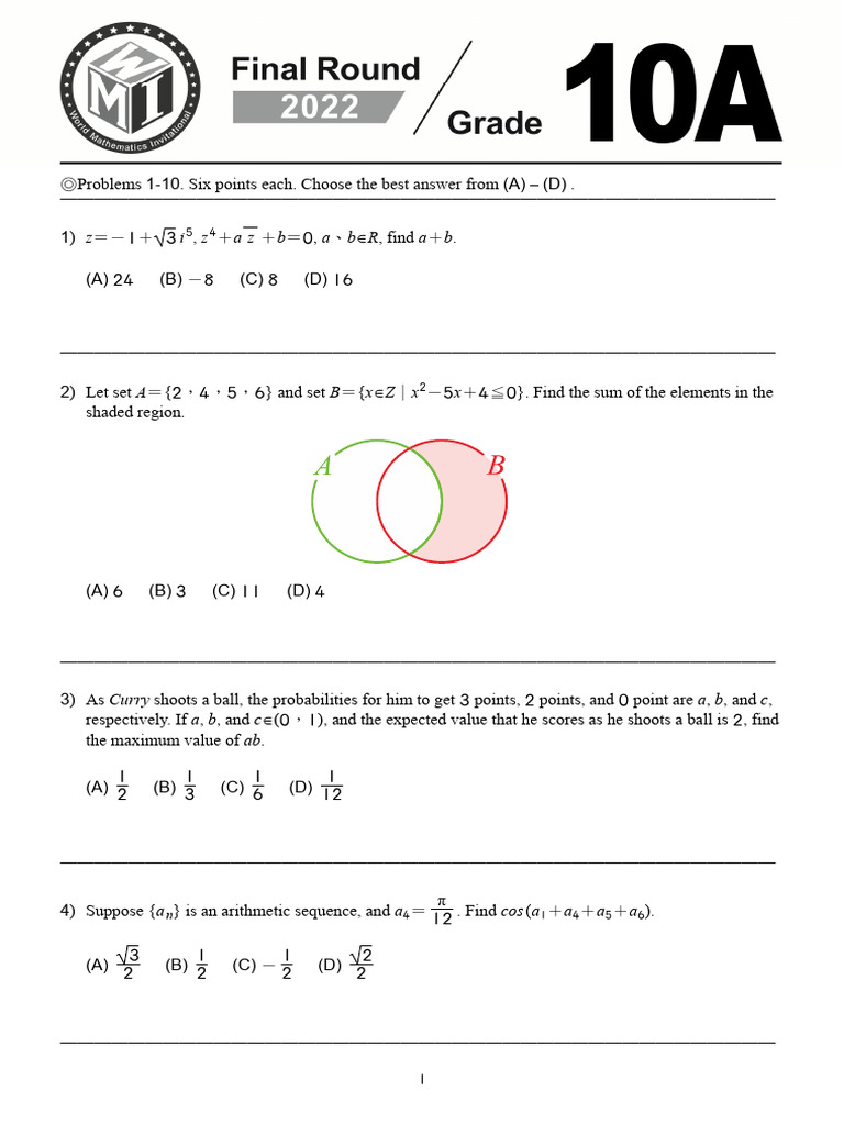 2022 WMI Final G10 Paper A | PDF | Applied Mathematics | Graph Theory
