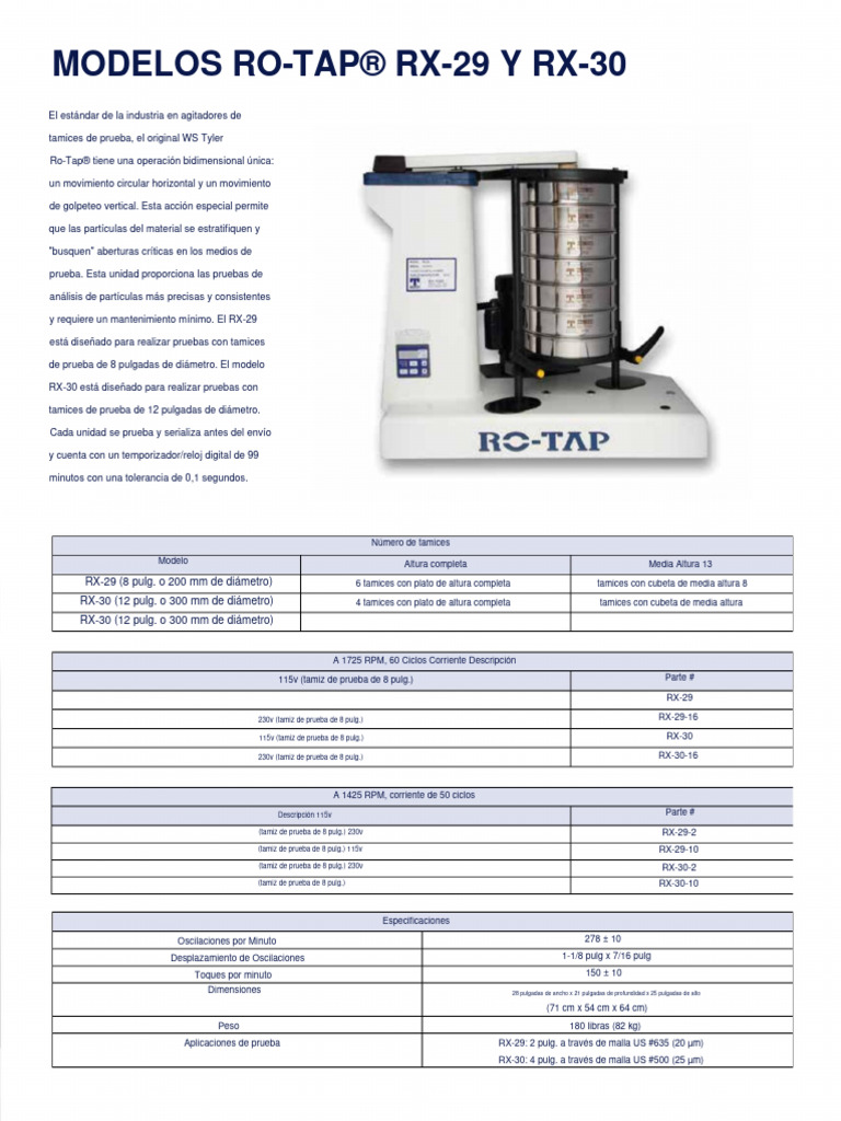 Agitador para Tamices de 8 - 200mm Ro Tap RX 29 Marca Tyler 1660243641 ...