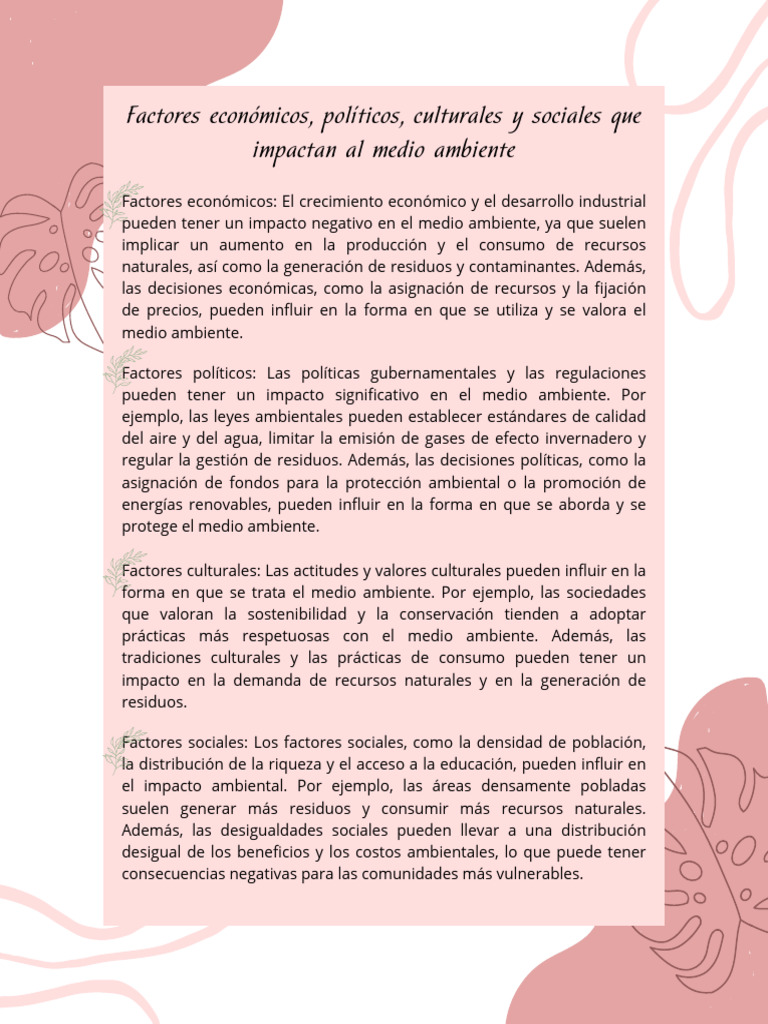 Factores Económicos, Políticos, Culturales y Sociales Que Impactan Al Medio Ambiente | PDF