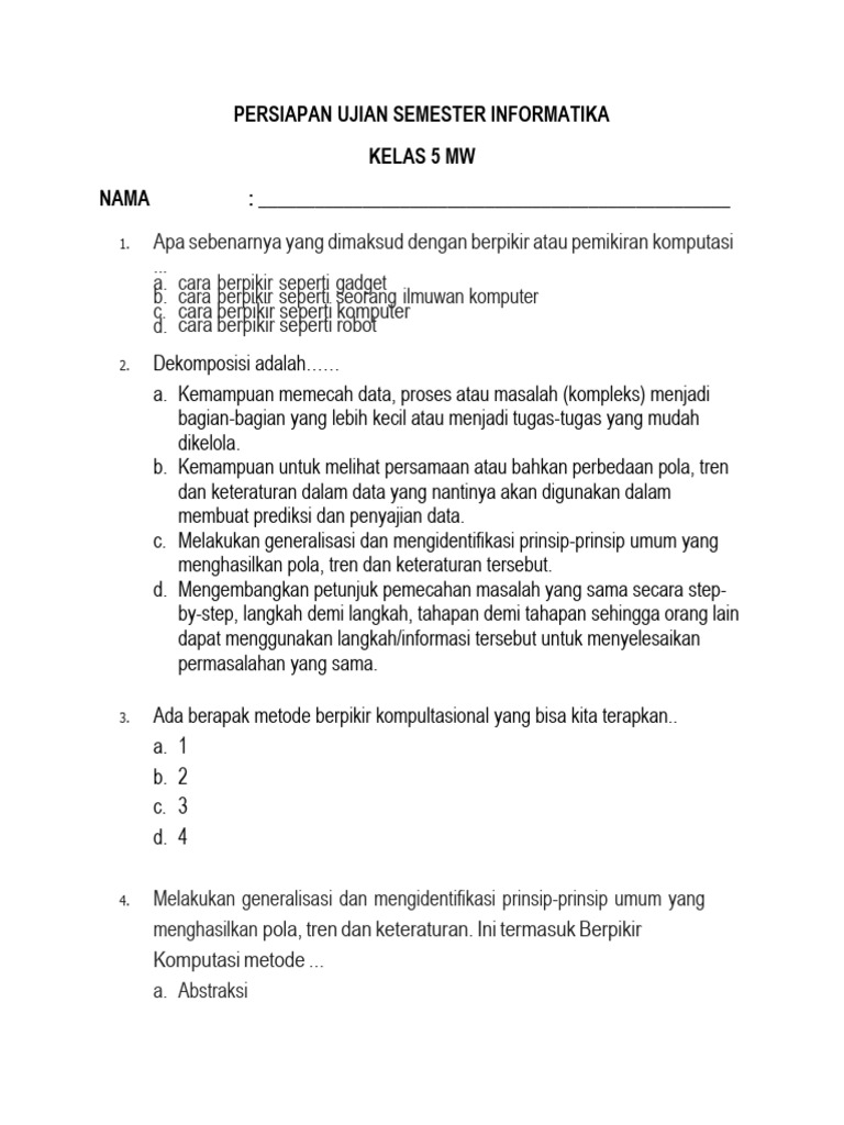 Persiapan Ujian Semester Informatika Kelas 5 | PDF