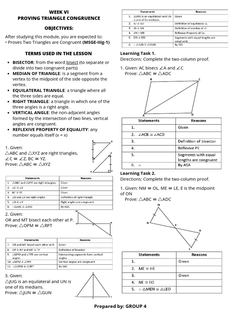 Week Vi Proving Triangle Congruence Handout 1 | PDF | Triangle | Geometry