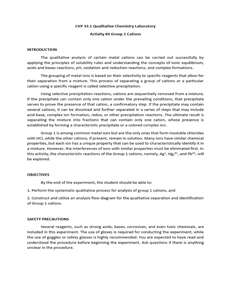 Activity 4 Group 1 Cations | PDF | Precipitation (Chemistry) | Chemical ...