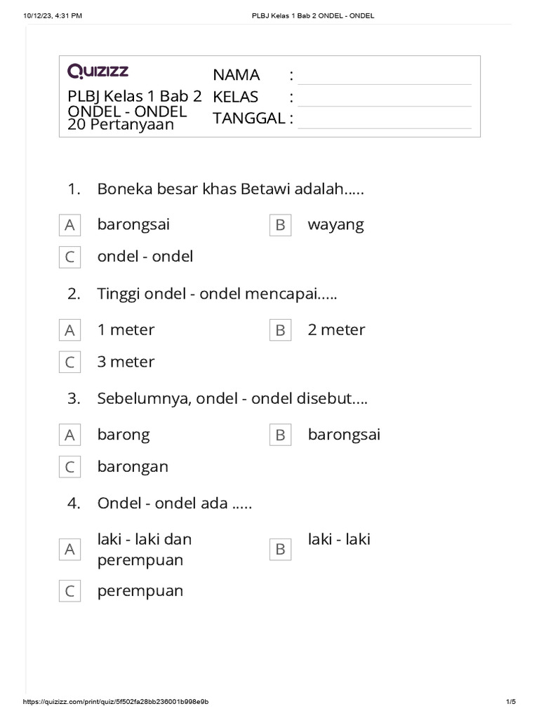 PLBJ Kelas 1 Bab 2 ONDEL - ONDEL 1 | PDF