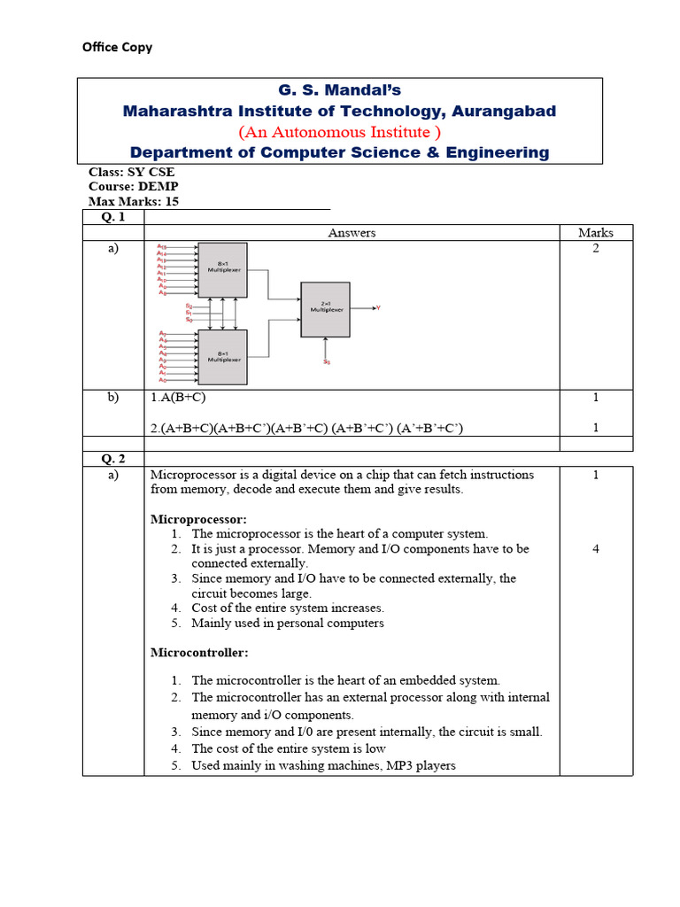Set 1 Model Answer | PDF | Microcontroller | Microprocessor