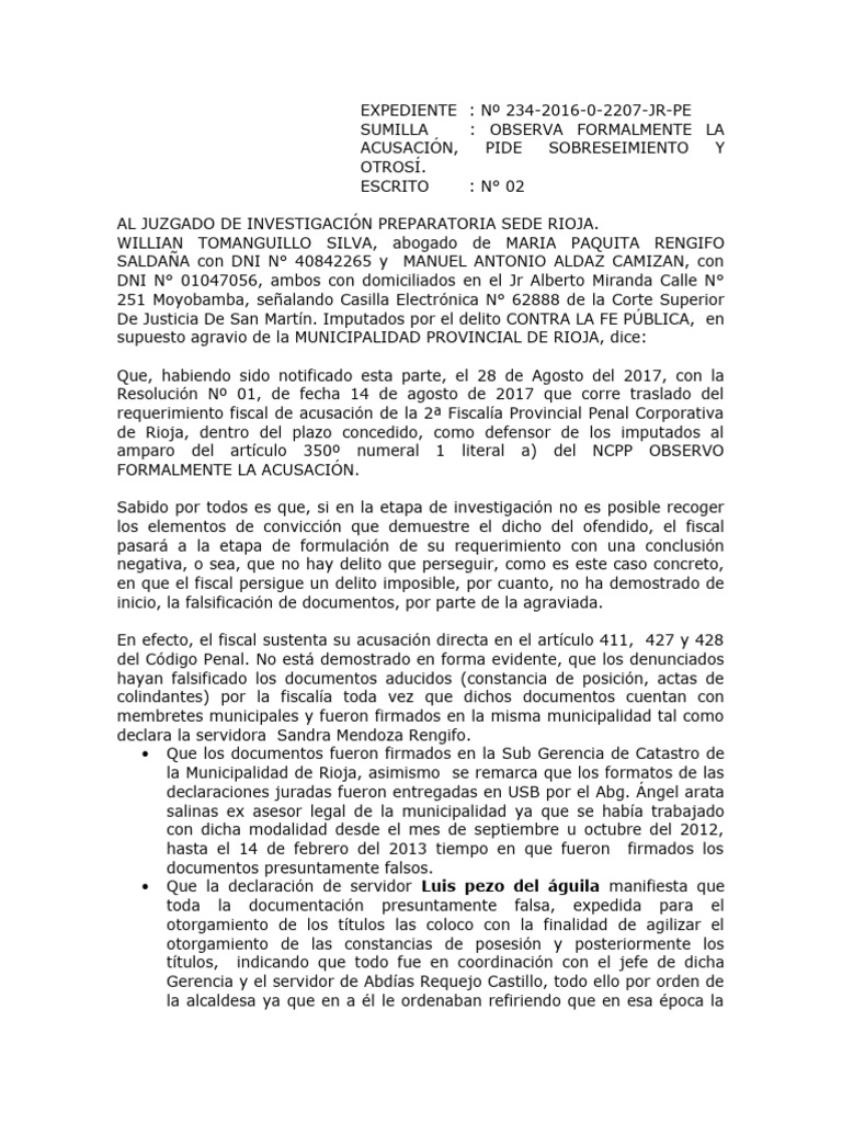 Modelo Observa Acusación NCPP y Sobreseimiento Exp 234-2016 | PDF ...