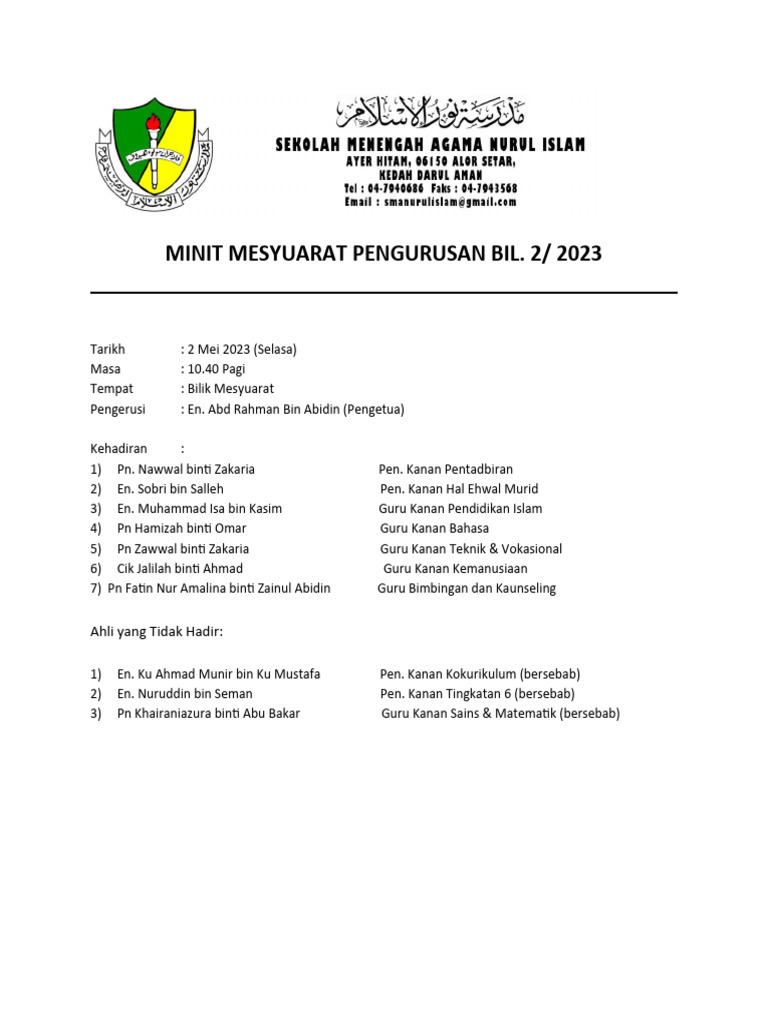 Minit Mesyuarat Pengurusan Bil 2 2023 | PDF