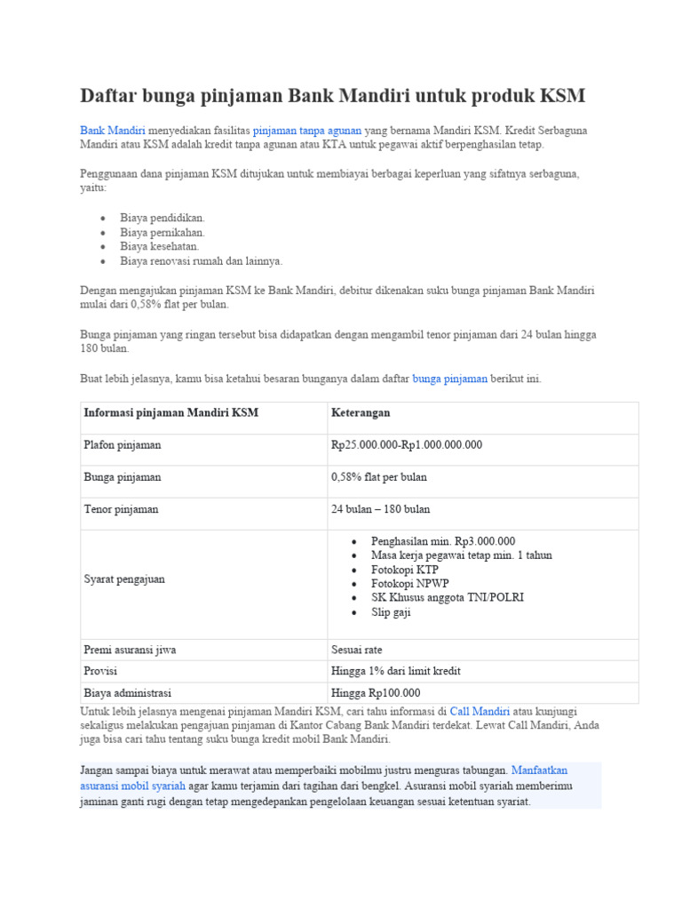 Tabel Bunga Pinjaman KSM Mandiri 2025 | PDF