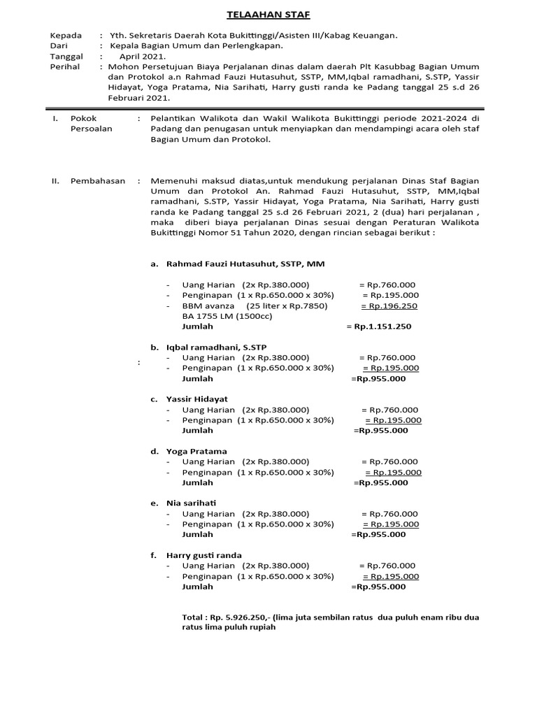 TELAAHAN STAF PERJALANAN DINAS Batusangkar 2020 Dodi | PDF