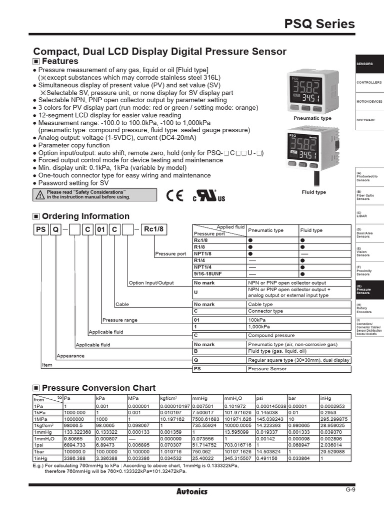 Dual Digital Display Pressure Sensors AUTONICS PSQ Series CATALOG 991 ...