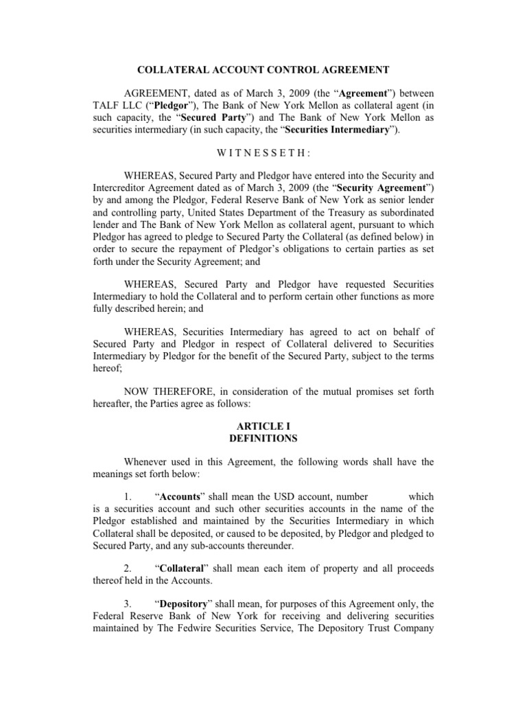 Coll-Acct-Control-Agreement | PDF | Indemnity | Securities (Finance)