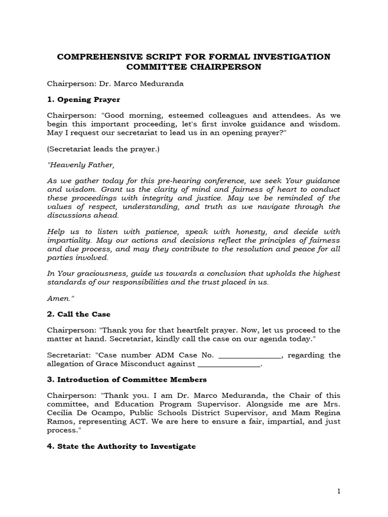 Comprehensive Script For Formal Investigation Committee Chairperson ...