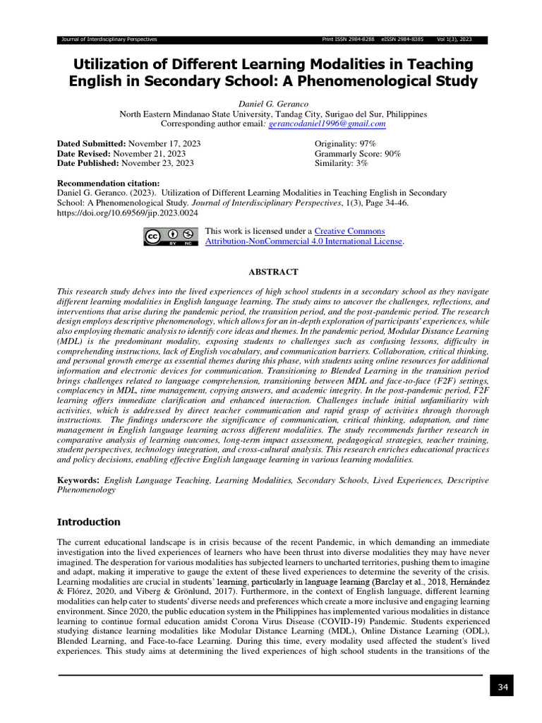 Utilization of Different Learning Modalities in Teaching English in Secondary School A ...