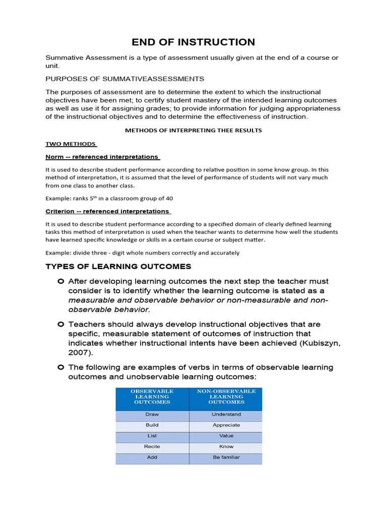 End of Instruction | PDF | Educational Assessment | Learning