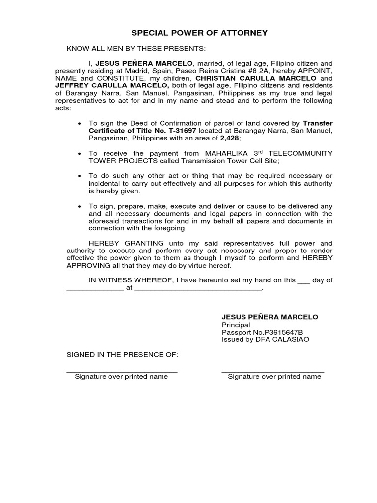Special Power of Attorney To Sign by Jesus Peñera Marcelo 2023 | PDF