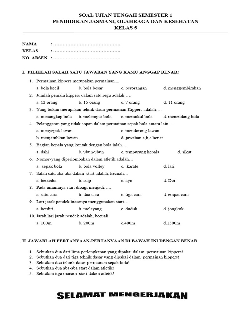Soal Ujian PJOK Kelas 5 | PDF