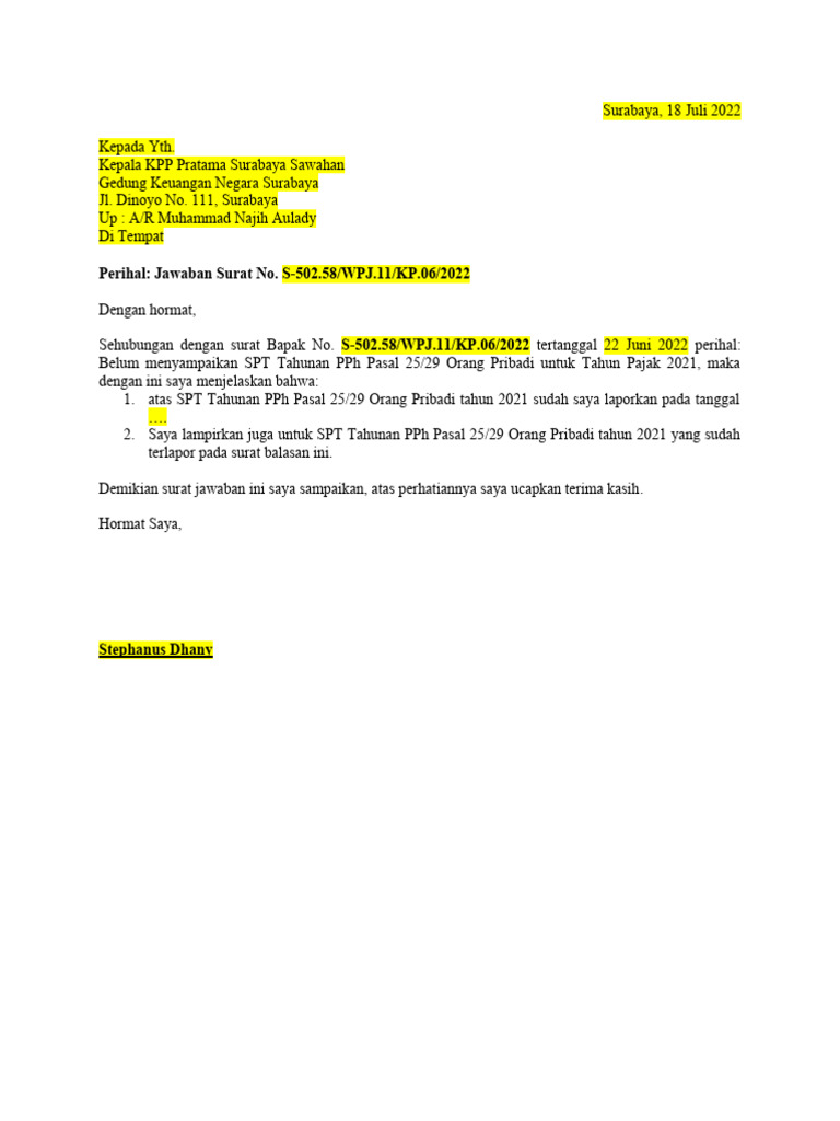 Contoh Surat Jawaban Ke KPP | PDF | Pengelolaan Keuangan & Uang