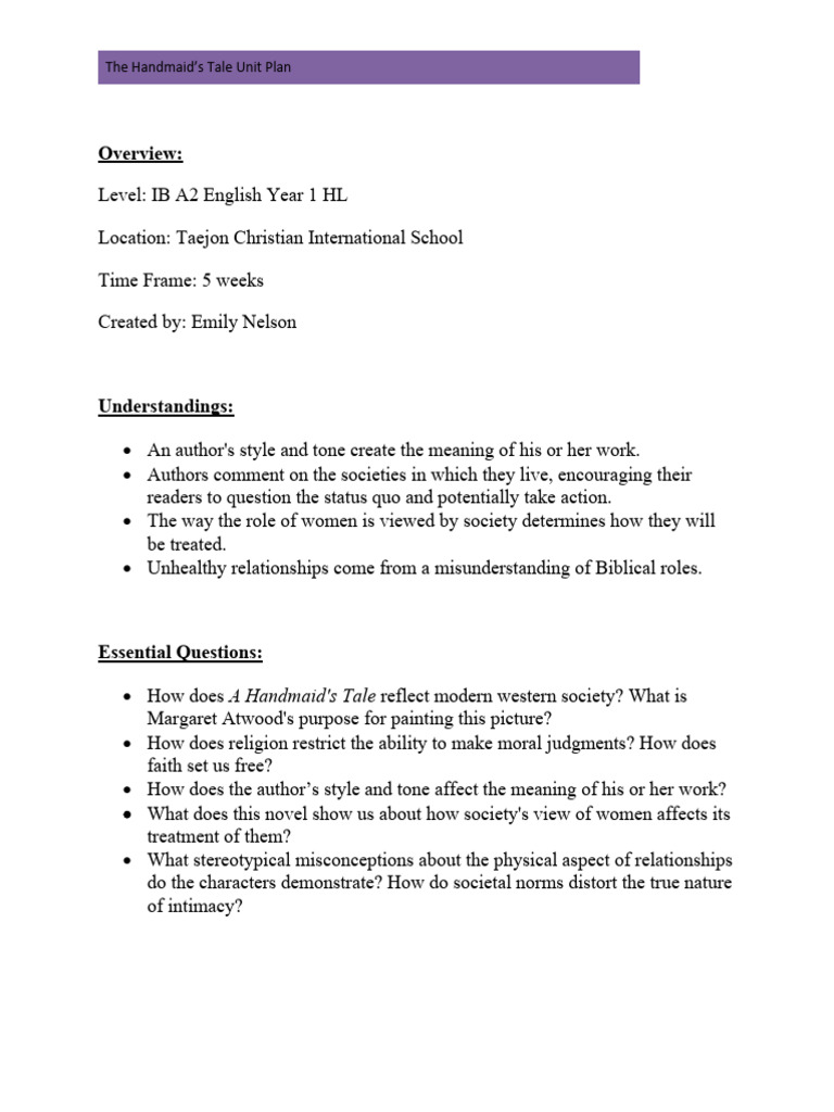 The Handmaids Tale Lesson Plan | PDF | Narration | Lesson Plan