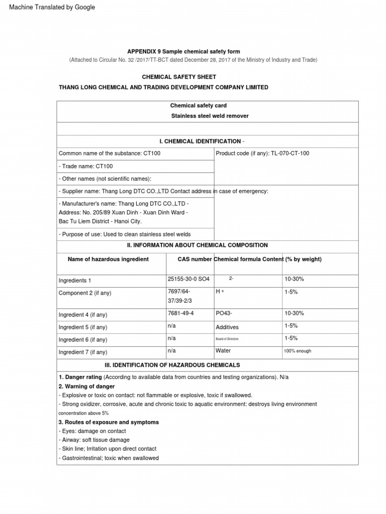 CT100 Chemical Safety Data Sheet | PDF | Dangerous Goods | Waste