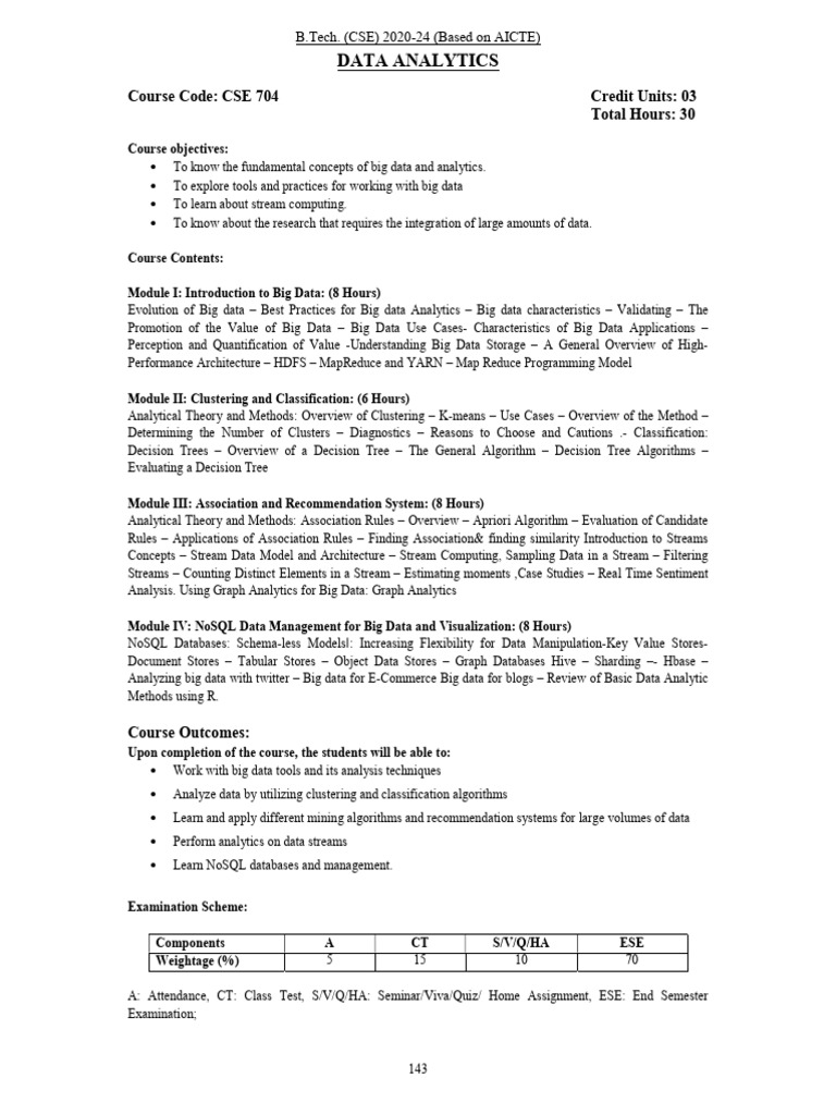 CSE704 Data Analytics Syllabus Theory | PDF | Big Data | Cluster Analysis