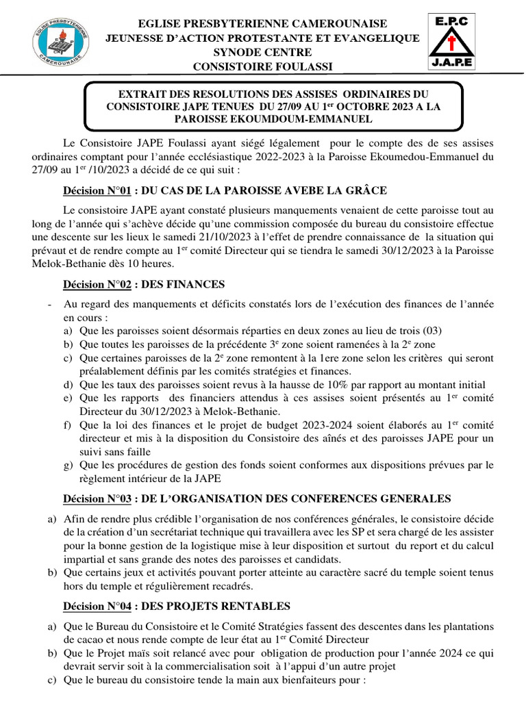 Résolutions du Consistoire JAPE 2023 | PDF