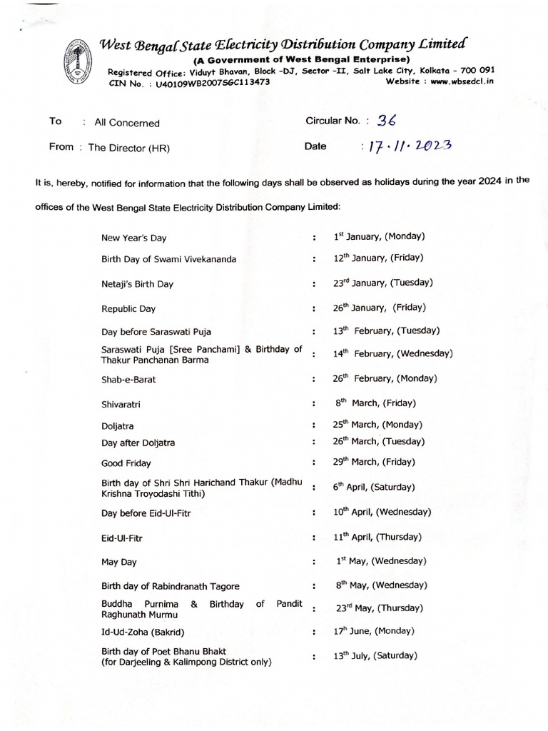 Holiday List WBSEDCL - 2024 | PDF