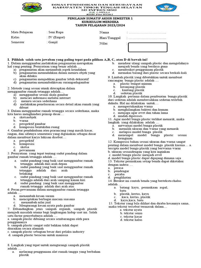 Soal Sas 1 Seni Rupa Kelas 4 Pdf