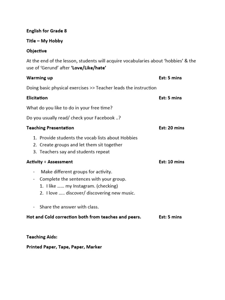 English For Grade 8 - Hobby | PDF