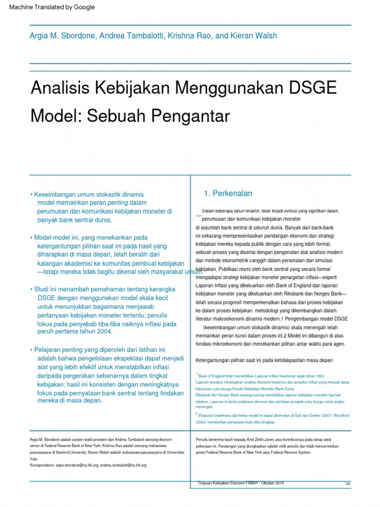 (Sbordone Et Al.) 2010 Policy Analysis Using DSGE Models-An ...