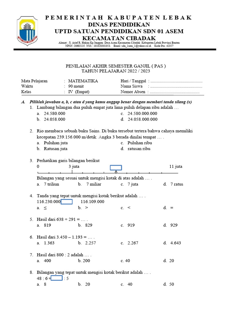 Matematika kls.4 smt.1 | PDF