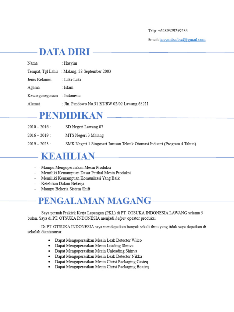CV Operator Produksi PT Mayora | PDF