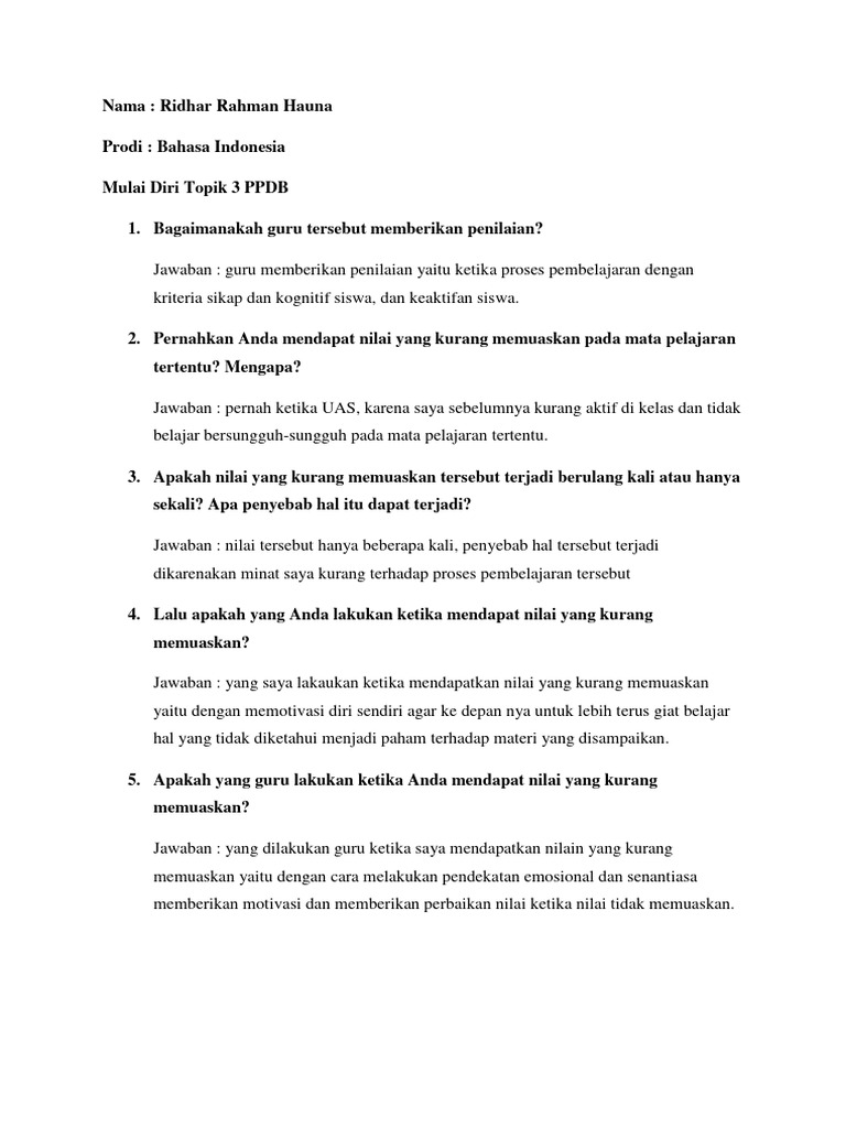 Ridhar Rahman Hauna Mulai Diri Topik 3 PPDB | PDF