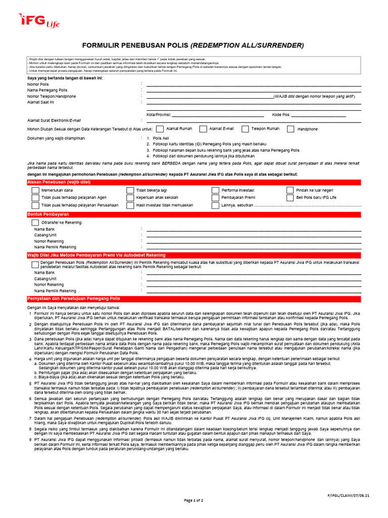 Formulir Penarikan Dana Surrender Tebus 3caecc4b | PDF
