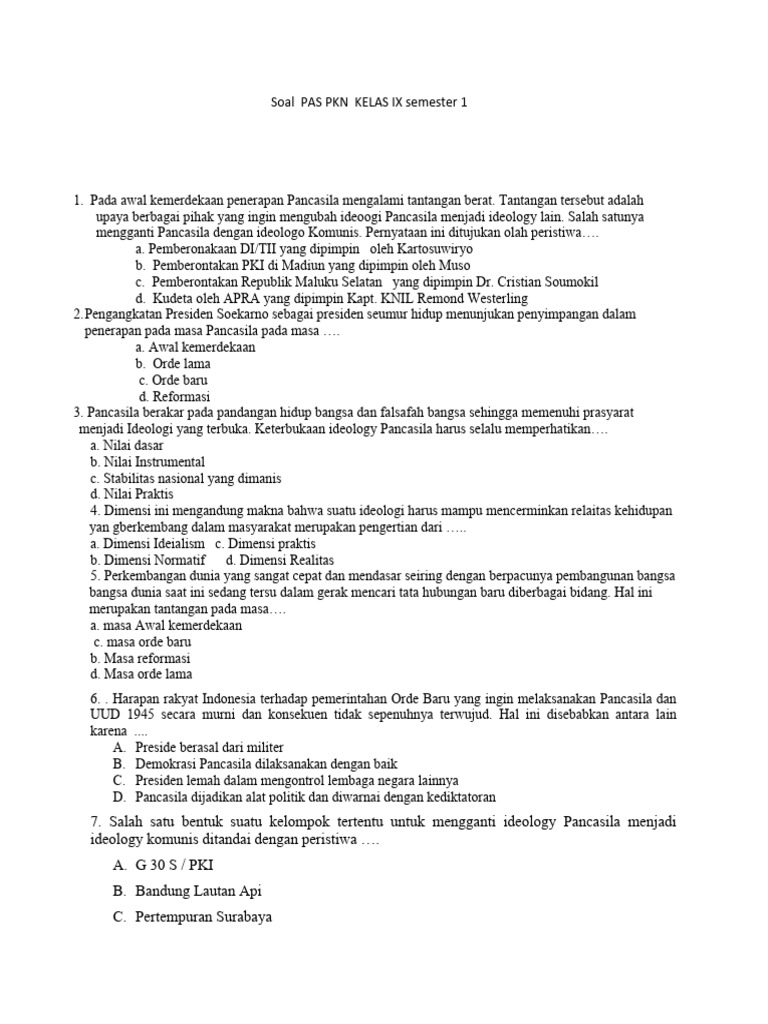 Soal PAS PKN KELAS IX Semester 1 | PDF | Politik | Agama & Spiritualitas